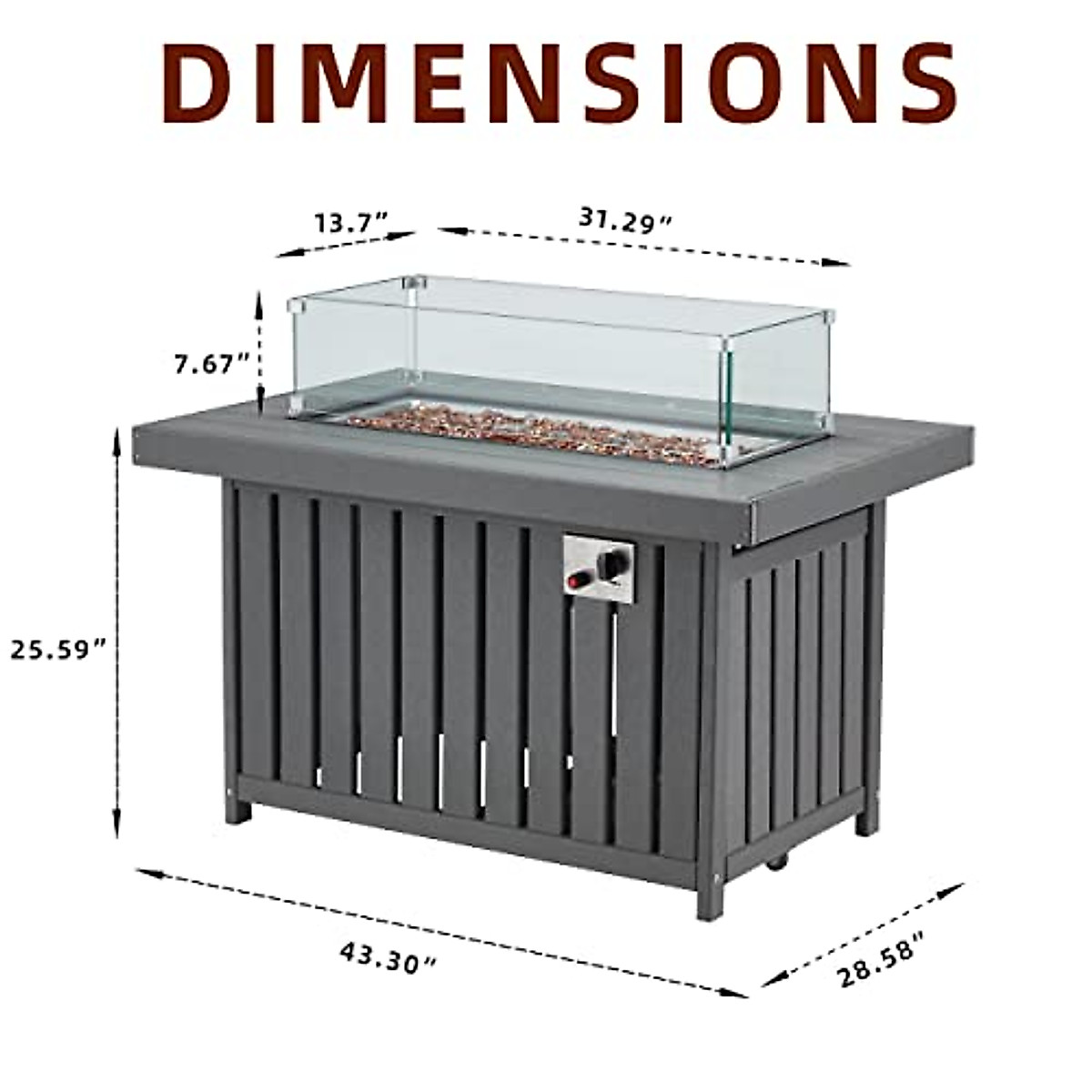 43'' Propane Fire Pit Table, 50,000 BTU Gas Fire Pit , CSA Certified Outdoor Patio Fire Table with Glass Wind Guard, Fire Glass and Lid, Safe for Garden Deck Patio Backyard (Grey)