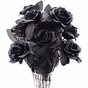 TUZAZO 10pcs Black Roses Artificial Flowers with Stems, Faux Silk Flowers Bridal Gothic Wedding Bouquet, Realistic Blossom Flora for Home, Office, Hotel Decorations