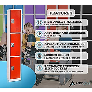 AdirOffice Large School Locker with 3 Doors 3 Hooks Storage Locker - Metal Storage Locker Cabinet Ideal for School, Garage, Office Lockers - (3 Door, Red)