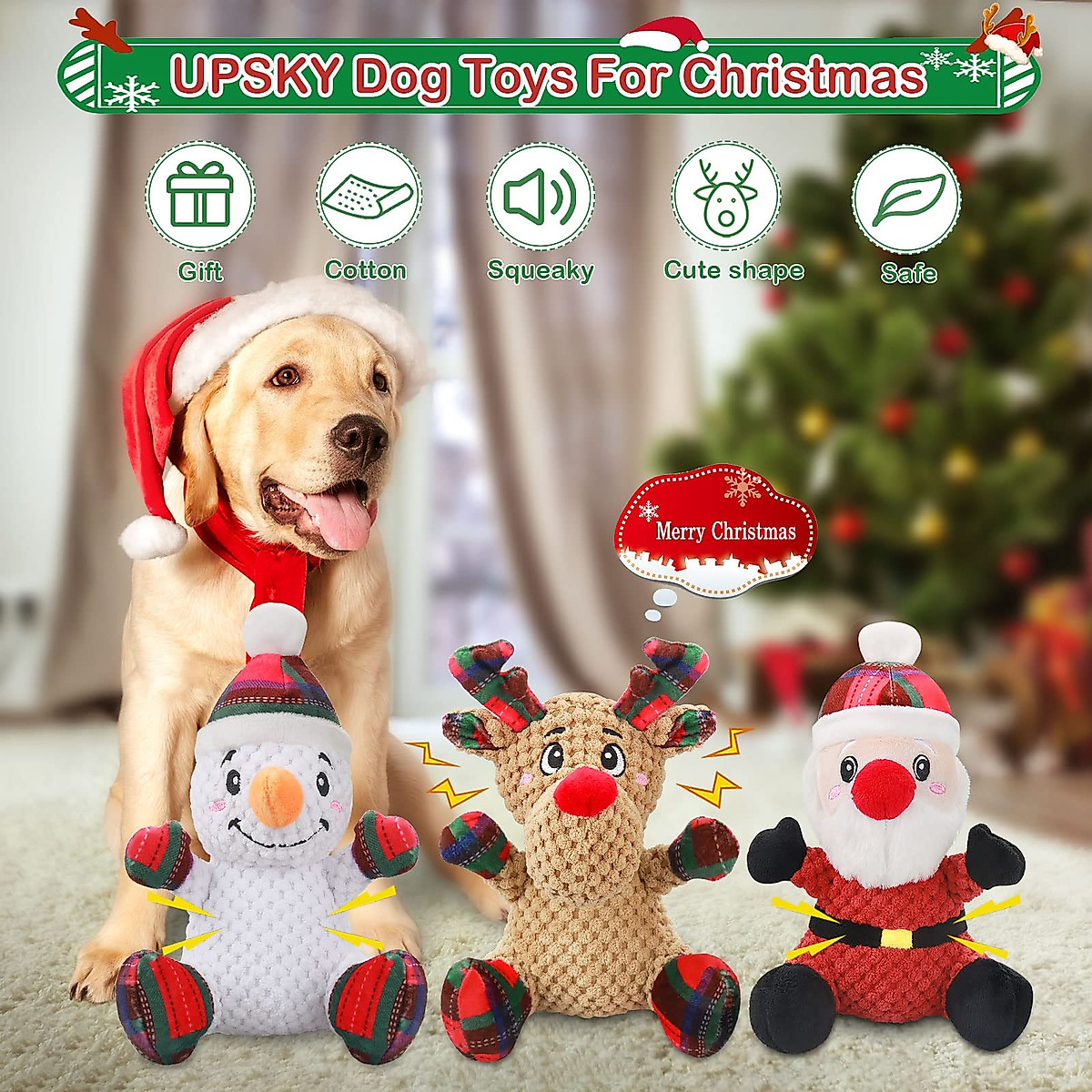 UPSKY Dog Christmas Toys with Squeaker, 3 Pack Squeaky Dog Toys with Crinkle Paper, Cute Soft Pet Toys for Teeth, Interactive Plush Dog Chew Toys for Small Medium Large Dogs