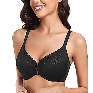 HACI Women's Front Closure Bra Underwire Unpadded T-Back Plus Size Lacy Full Coverage Racerback T-Shirt Unlined(Black,40G)