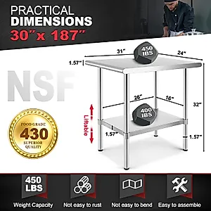 Land Guard Stainless Steel Prep Table - Commercial Work Table with Adjustable Undershelf, Scratch Resistent and Easy to Install Metal Table for Restaurant, Hotel, Home, Garage…