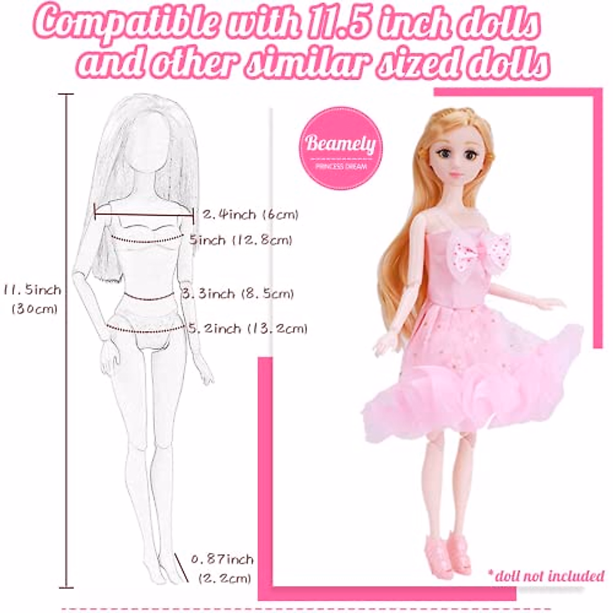50 Pcs Doll Clothes Outfit for 11.5 Inch Doll, Doll Accessories Collection with 3 Princess Dresses+10 Dressest+6 Tops+6 Pants+5 Bikinis+5 Accessories+5 Bags+10 Shoes(Random Style)