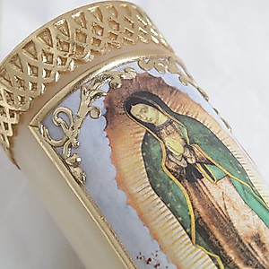 Small Our Lady of Guadalupe Devotional Candle with Gold Toned Wax Details, 4 ¾ Inches