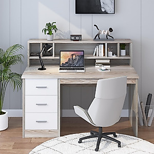MaverickFurni Walnut and White Desk with 3 Drawers, Small Desk with Storage, Study Desk with Hutch, Kids Desk with Drawers, Wooden Computer Desk for Bedroom