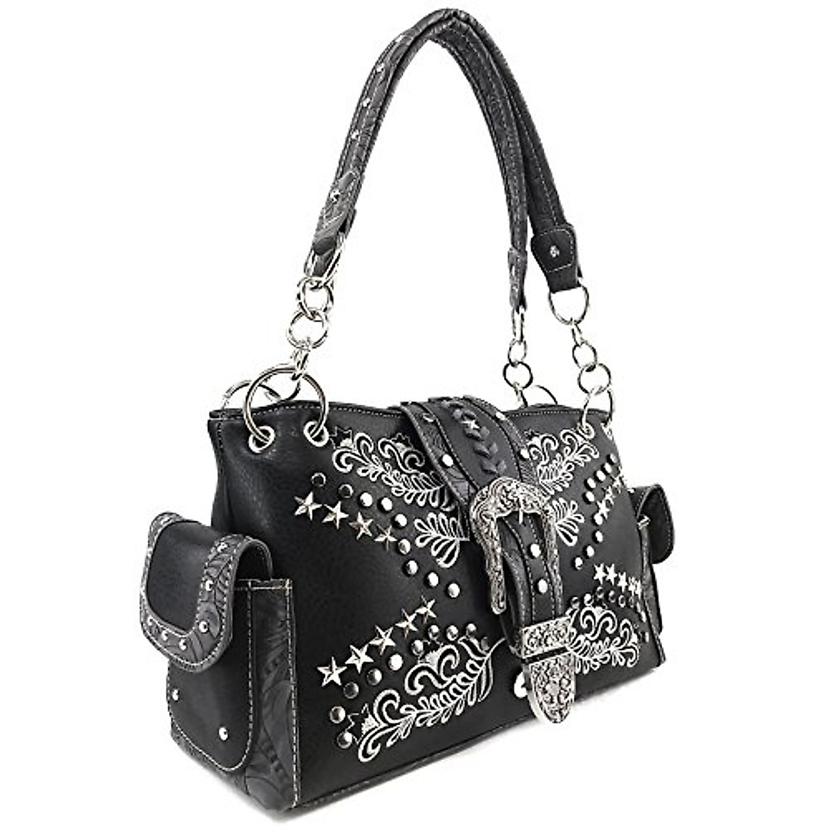 Justin West Buckle Western Floral Damask Embroidery Studs Stars Concealed Carry Handbag Purse (Black Purse Wallet Set)