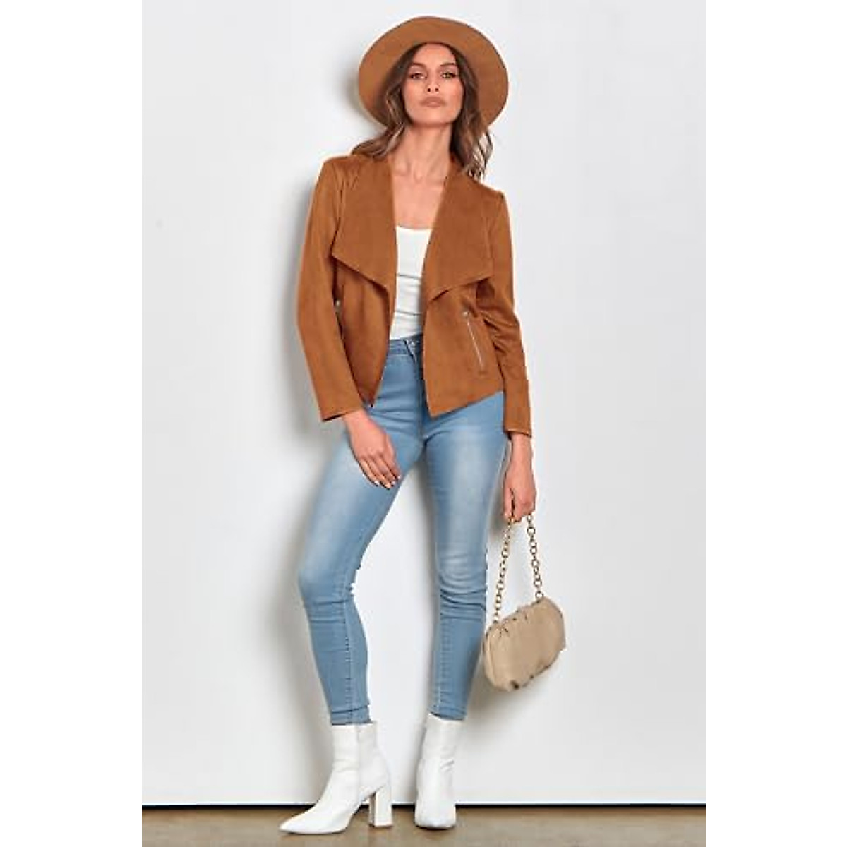 PRETTYGARDEN Women's Faux Suede Jackets 2023 Fall Clothes Long Sleeve Open Front Cropped Coat Outwear (Brown,Medium)