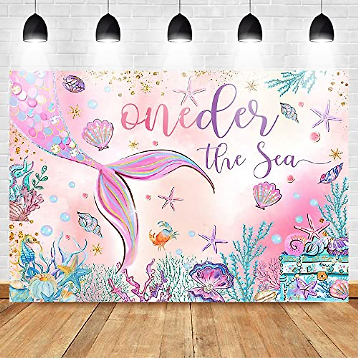 Mocsicka Oneder The Sea 1st Birthday Backdrop 7x5ft Pink Mermaid Under The Sea Happy First Birthday Party Decorations for Girls Starfish Shell Seaweed Photography Background