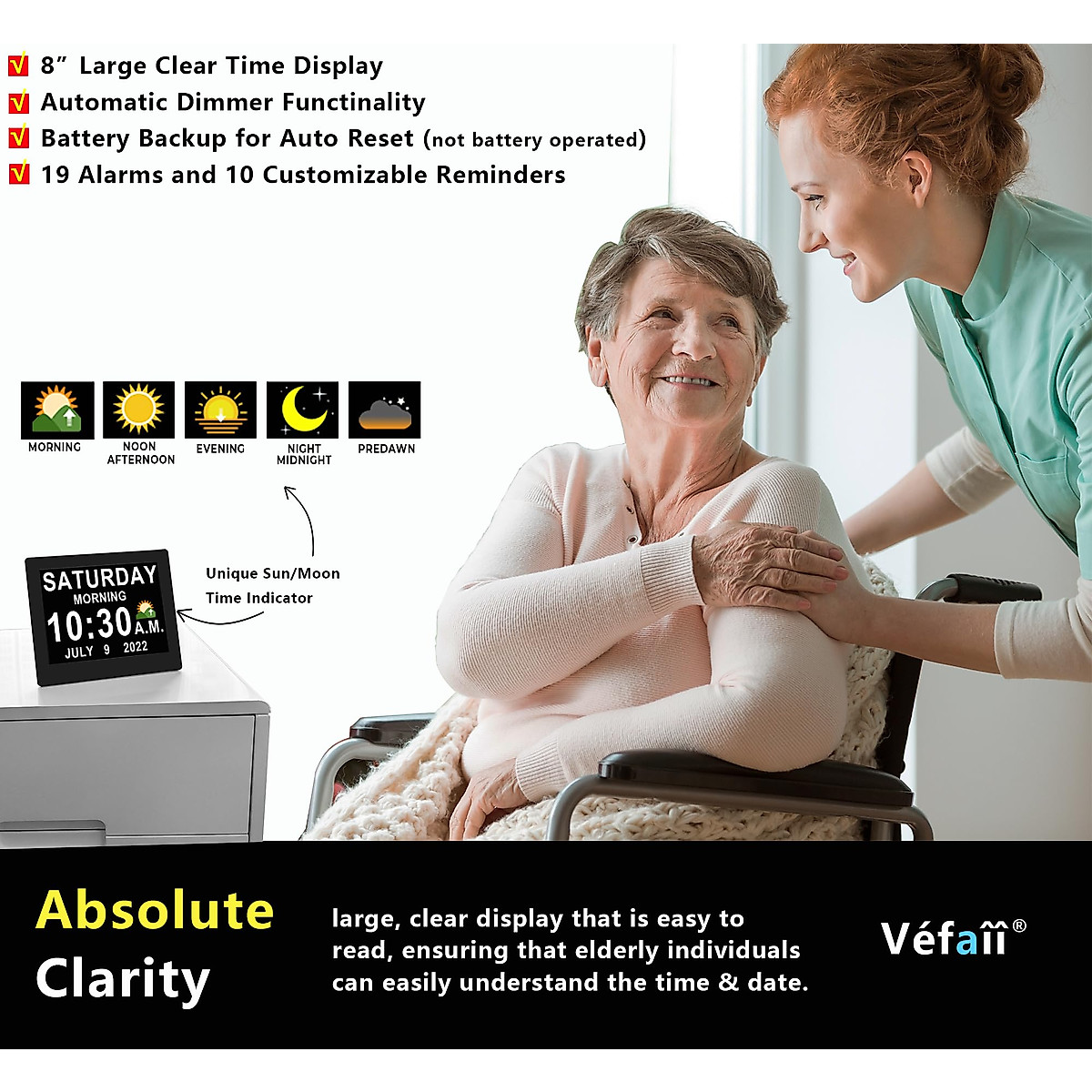 Véfaîî Digital Clock 2.0 with Date and Time for Elderly, 19 Alarms Custom Reminders, Dementia Clock for Seniors, Loud Alarms, Auto DST, Memory Function, Easy to Read (8" Large Black)