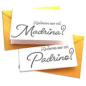 Spanish Will you be my Godparents Cards (Madrina & Padrino) - Godmother & Godfather Proposals in Black-and-White Lettering, with Golden Shimmer Envelopes (Set of 2 cards) (Madrina & Padrino)