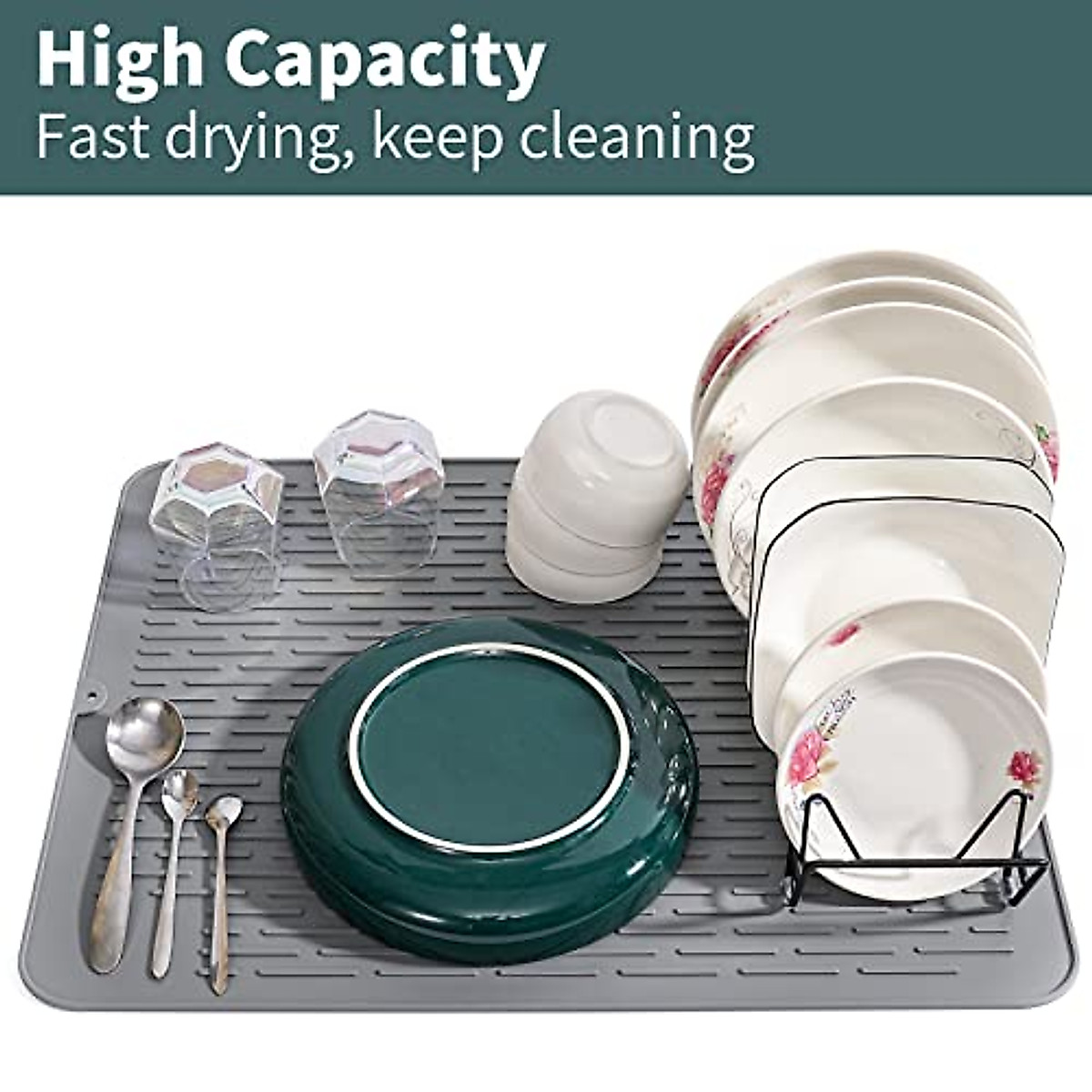 Extra Large Silicone Dish Drying Mat - XL Size 23” x 18” Dish Rack Mat for Kitchen Counter, Heat-resistant Rubber Dish Mat, Non-Slip Silicone Sink Mat, Eco-friendly Counter Top Mat, BPA Free, Grey