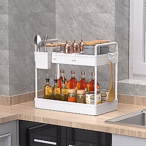 SOLEJAZZ Under Sink Organizers and Storage Multi-Purpose, 2 Tier Under Bathroom Cabinet Storage with Dividers, Hooks, Cup for Bathroom, Kitchen, White
