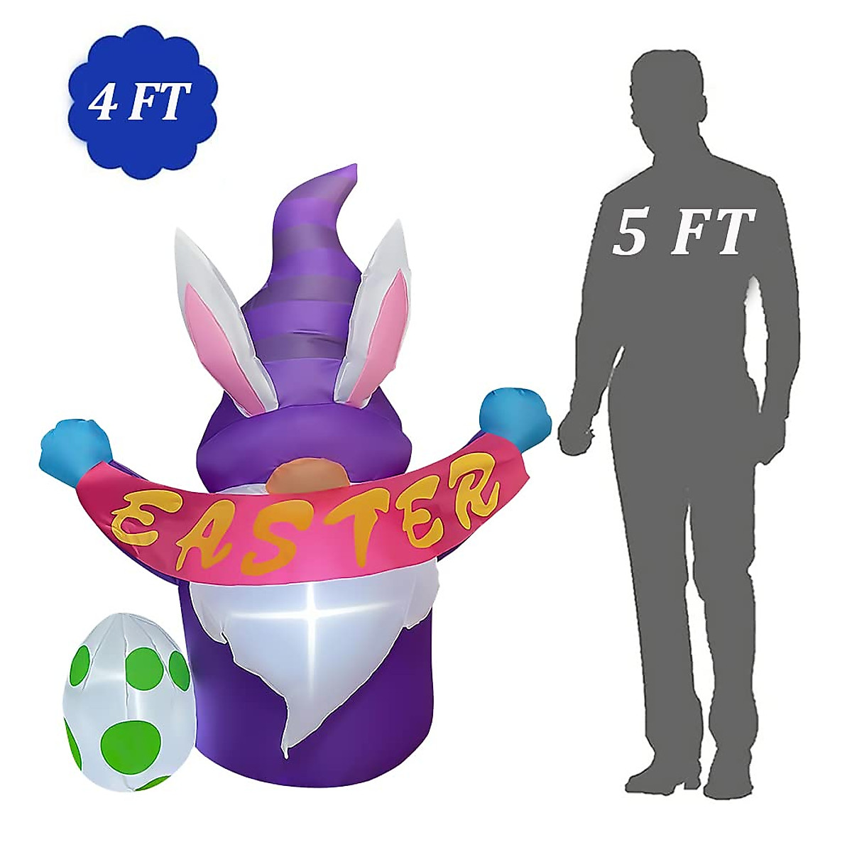 JOYEASE 4 Ft Inflatable Easter Gnome with Egg Decoration Build-in LED Blow Up Happy Easter for Home Yard Lawn Garden Indoor Outdoor