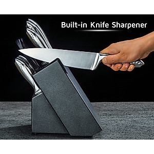 WELLSTAR Knife Set, Super Sharp German Stainless Steel Kitchen Knives Set with Wooden Block, Durable All Stainless Steel Handle, Chef’s Knife Block Set 14-Piece with Scissors and Built-in Sharpener