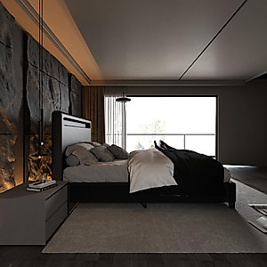 AnwickNomo Modern Queen Size Faux Leather Upholstered Platform Bed Frame with LED Light Headboard, Wood Slat Support, No Box Spring Needed, Mattress Base, Black