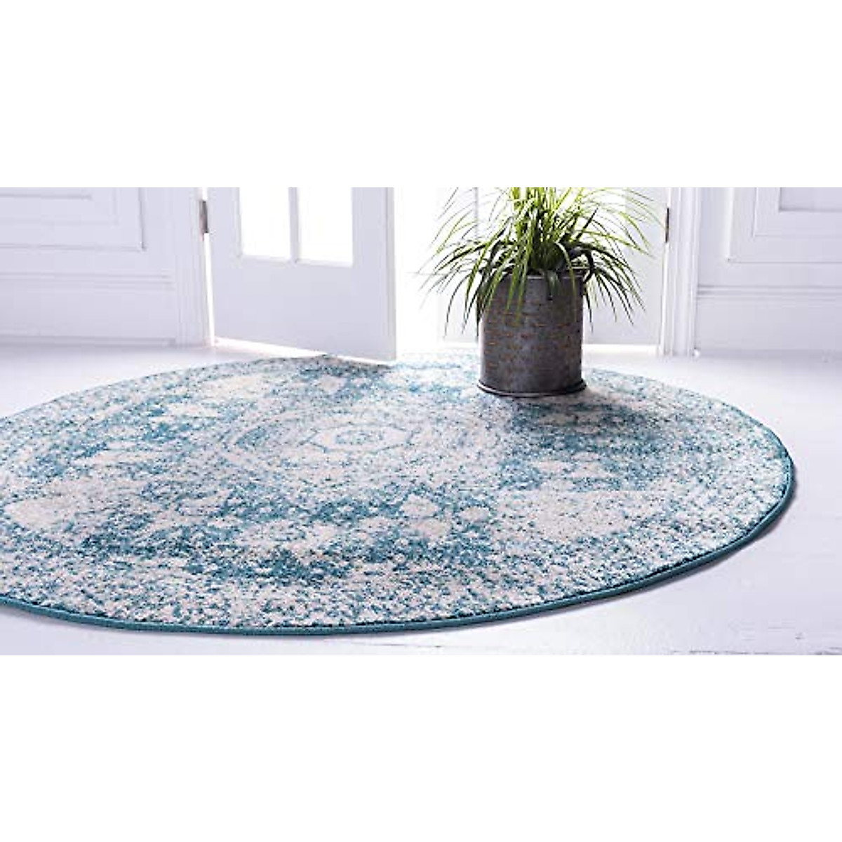Rugs.com Dover Collection Rug – 5 Ft Round Turquoise Low-Pile Rug Perfect for Kitchens, Dining Rooms