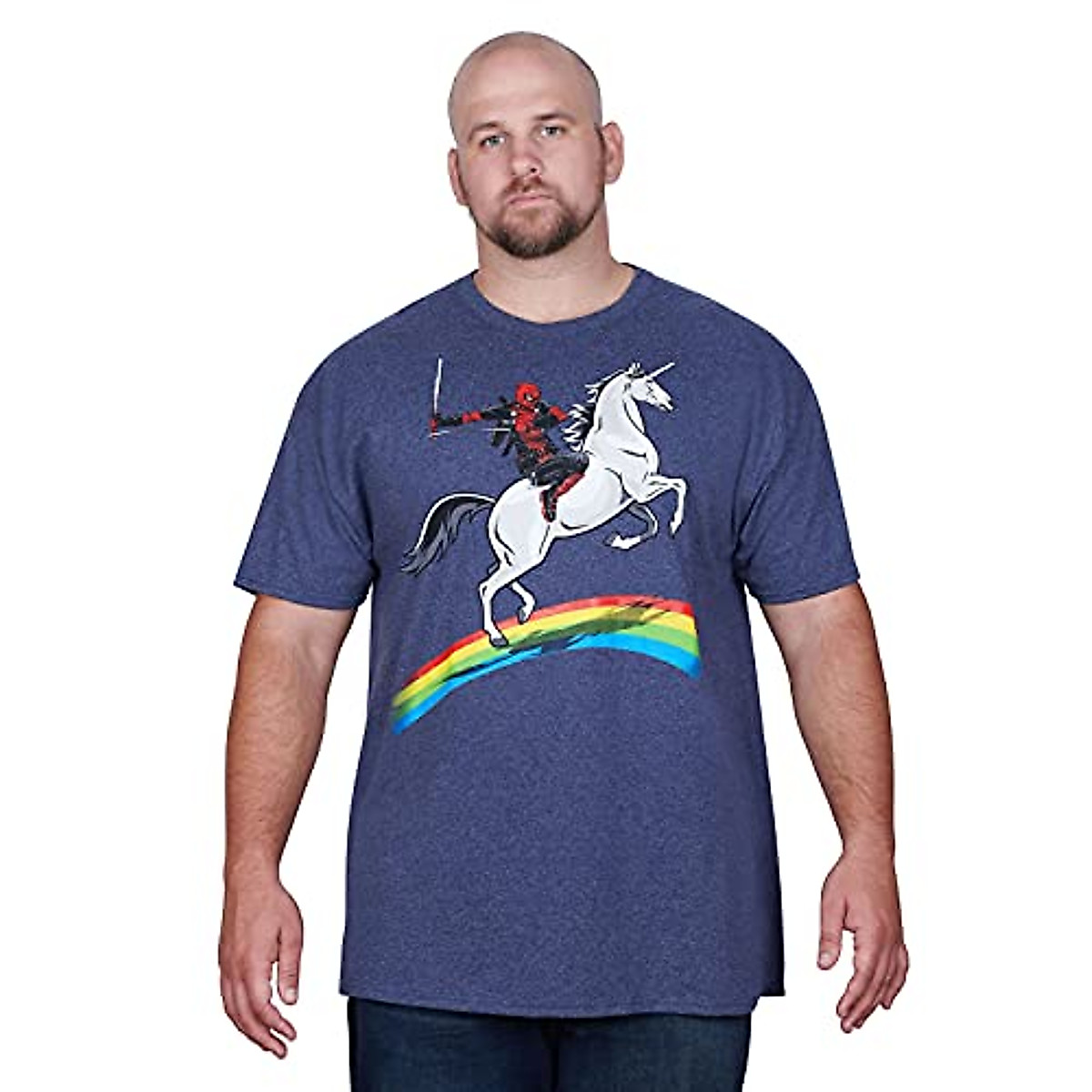 Marvel Men's Deadpool Riding A Unicorn On A Rainbow T-Shirt, Navy Heather, 3X-Large