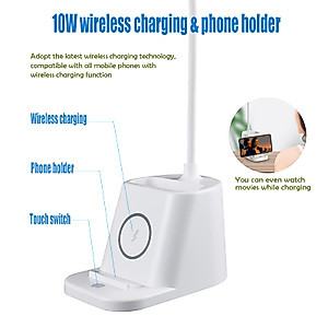 LED Desk Lamp with Wireless Charger, Desk Lamps for Home Office with 3 Lighting Modes, Eye-Caring Lamp with Pen Holder, Desk Lamp for College Dorm