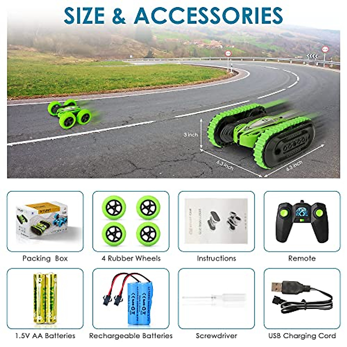 2-in-1 Remote Control Car, Rechargeable Remote Control Crawler for Kids Age 3 Years and up, Changeable Wheels, Double-side 360° Flips, LED Headlights, Fast Stunt Toy Race Cars for Toddlers-Green