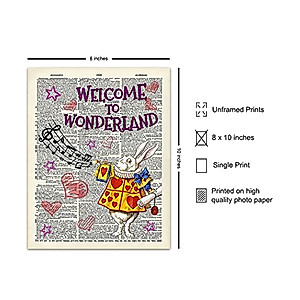 Alice Wonderland Art Print - White Rabbit Upcycled Dictionary Wall Art Poster for Nursery, Kids, Boys, Girls Room - Great Baby Shower Gift - 8x10 Unframed Photo