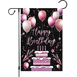 Happy Birthday Garden Flag Balloons Pink Birthday Cake Yard Flags 12x18 Inch Double Sided Burlap Banner for Farmhouse Outdoor Prime Birthday Party Celebration Decoration(ONLY FLAG)