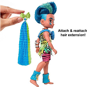 Mattel Cave Club Slate Doll (8-10-inch, Blue Hair) Poseable Prehistoric Fashion Doll with Dinosaur Pet and Accessories, Gift for 4 Year Olds and Up