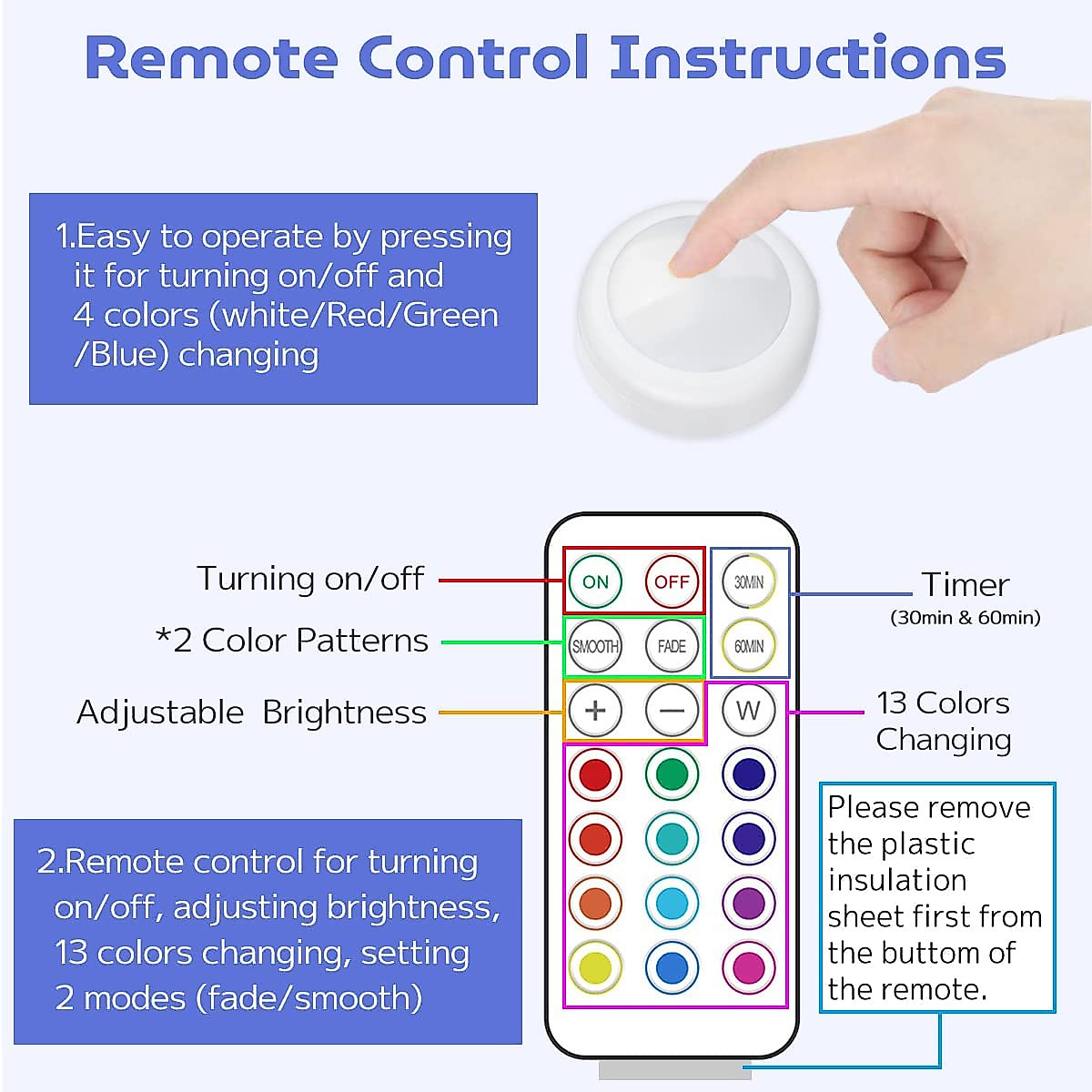 LED Puck Lights, Battery Operated Under Cabinet Light, RGB Color Changing Night Lights with Timer, Dimmable Push Light for Bathroom Kitchen Bedroom, 6 Pack