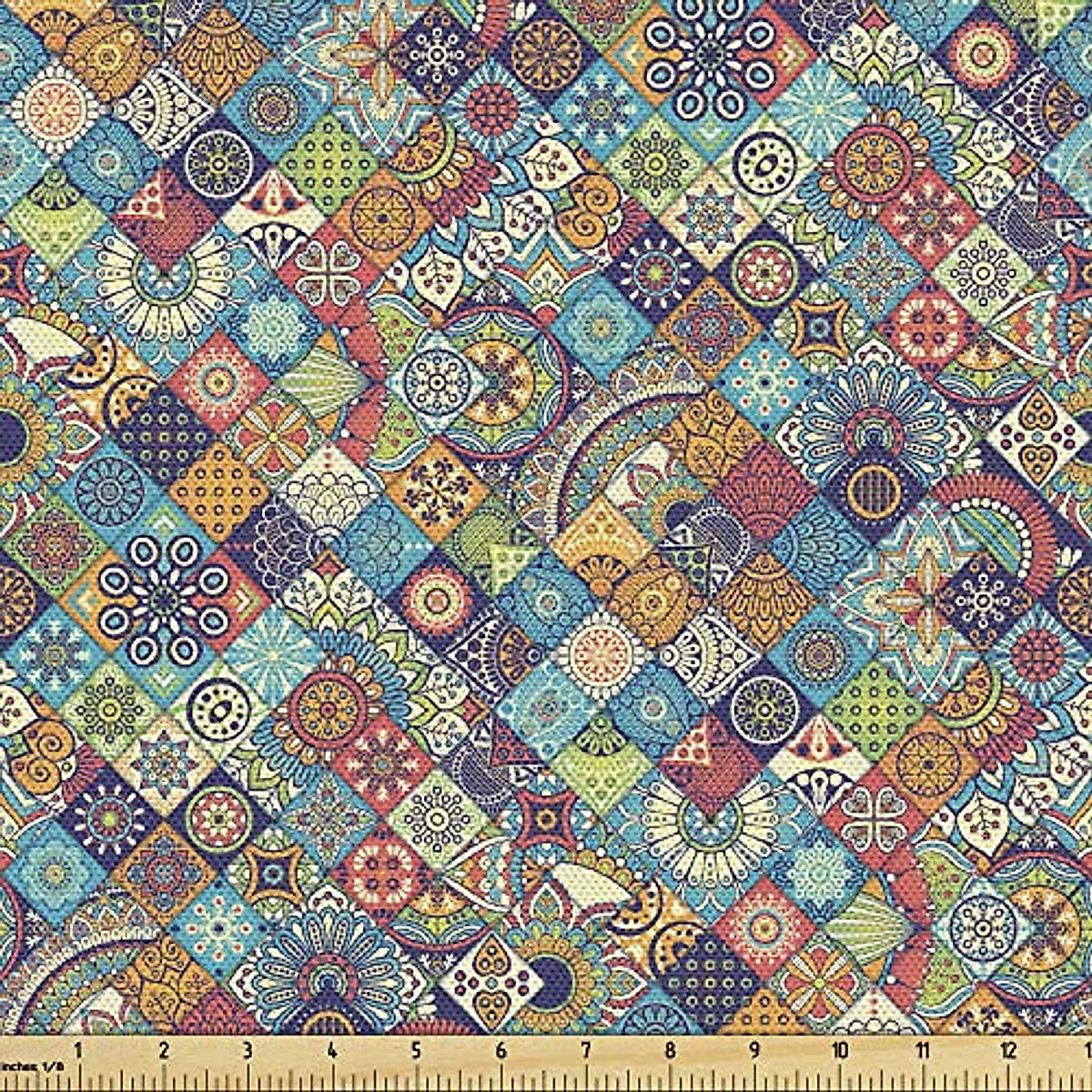 Ambesonne Bohemian Material Fabric by The Yard, Geometric Pattern Ornamental Boho Floral Folk Art Abstract, Accent for Curtains Dog Beds and Pillow Shams Decorative DIY Home Project, 1 Yard, Blue Cream