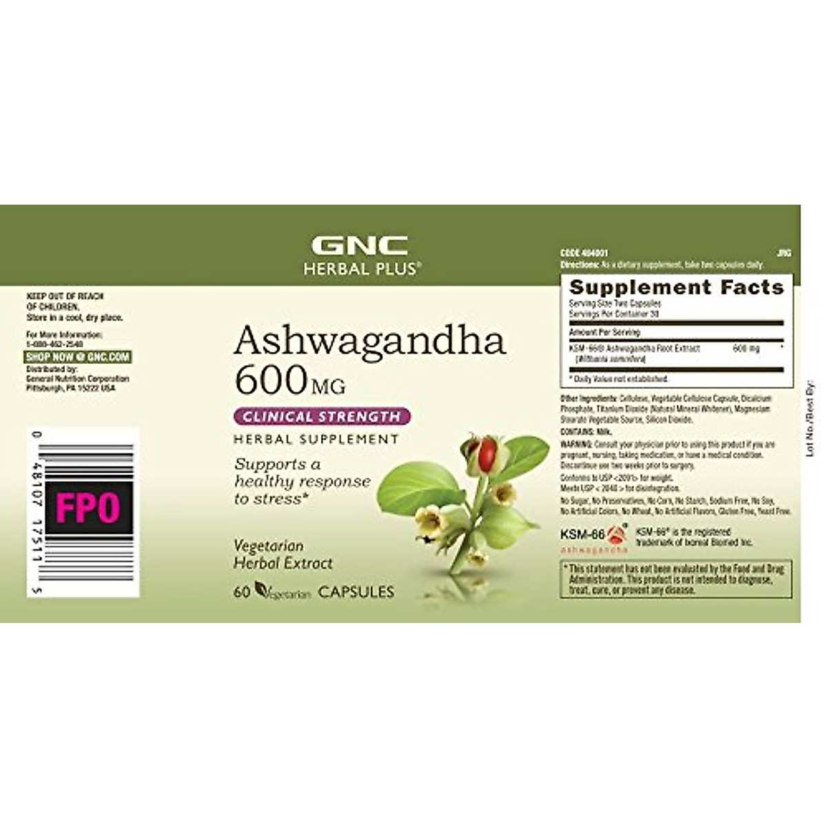 GNC Herbal Plus Ashwagandha 600mg, 60 Capsules, Supports a Healthy Response to Stress