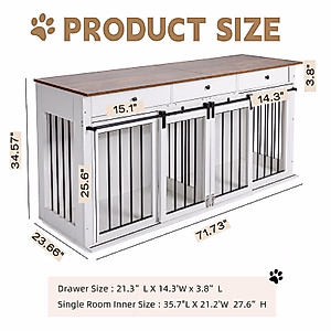 Sunseen Dog Crate Furniture Large Breed Wooden Dog Kennel with Room Divider & 3 Drawer,Double Doors Heavy Duty Dog Crate End Table Indoor TV Stand for Small Medium Large Dog,72''W*24''D*35''H,White