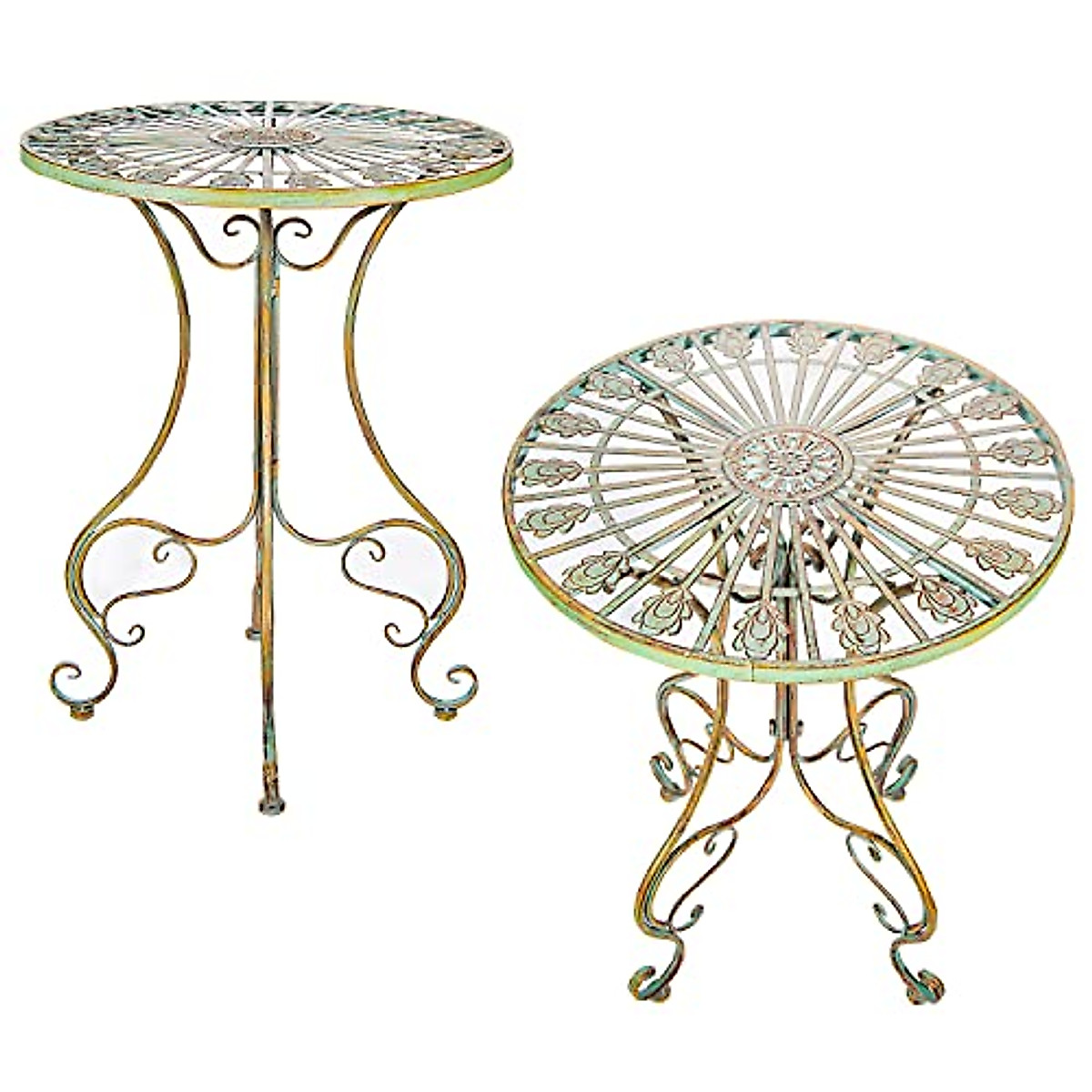 Sungmor Indoor Outdoor Bistro Table, Garden Patio Balcony Metal Table Furniture, One Piece Antique Green 22.8D*29.5H Small Round Table, Decorative Pretty Table with Rustic Style and Unique Pattern