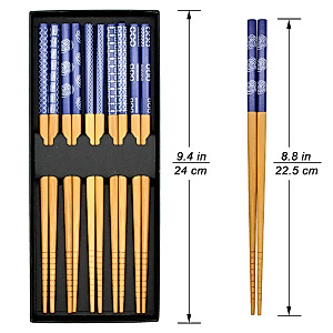 OMyTea Chopsticks Reusable - Japanese Bamboo Chopsticks 5 Pairs Gift Sets, 8.9 Inch/22.5cm, for Sushi, Ramen, Noodles, Rice, Travel, Camping (Japanese Blue)
