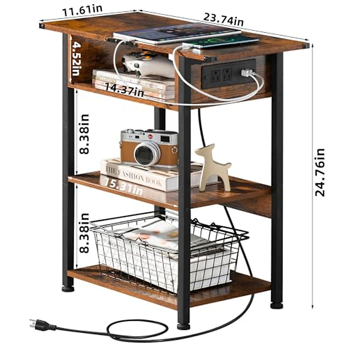Lerliuo Side Table with Charging Station，Narrow End Table with USB Ports and Outlets,Brown Skinny Nightstand with Open Storage Shelf for Small Space，Slim Sofa Bedside Table for Living Room Bedroom