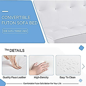 Topeakmart Convertible Sofa Bed Tufted Faux Leather Couch Bed with Chrome Metal Legs Adjustable Backrest Easily Converts to Recliner and Bed Comfortable Sofa for Living Room/Bed Room/Apartment,White