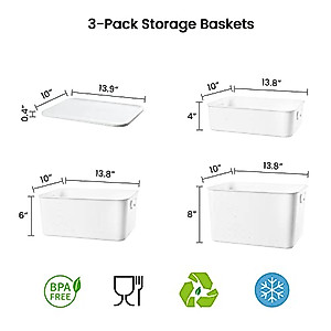 vacane 3 Pack Plastic Storage Bins with White Lids, Storage Baskets for Organizing Container Stackable Storage Box with Handle for Shelves Closet Office Classroom, 14 x 10 x 8 inch