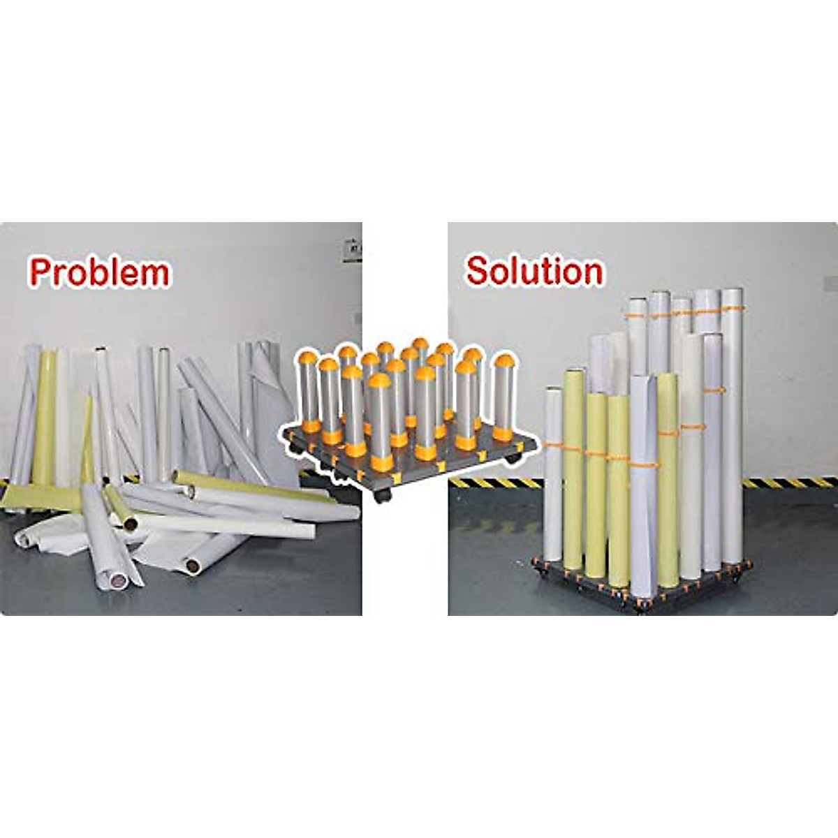 Rolling Floor Rack for Vinyl Roll Storage Detachable Free Assembly Mobile Material Floor Rack for Vinyl with 2 Modules-16 Spindles (3 Inch Core)