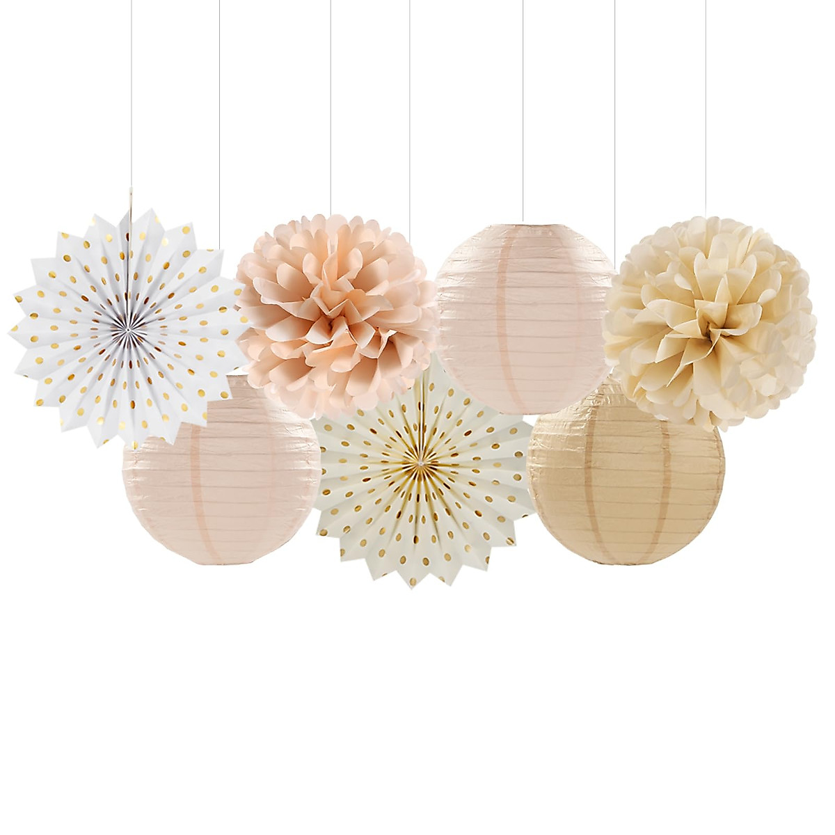 Beige-Champagne Gold White-Peach Boho Party-Decorations - 20pcs Neutral Baby Shower Rustic Wedding Paper Lanterns Fans,Tissue Pom Poms,Honeycomb Balls,Bunting,Birthday Bridal Decor Burgleda