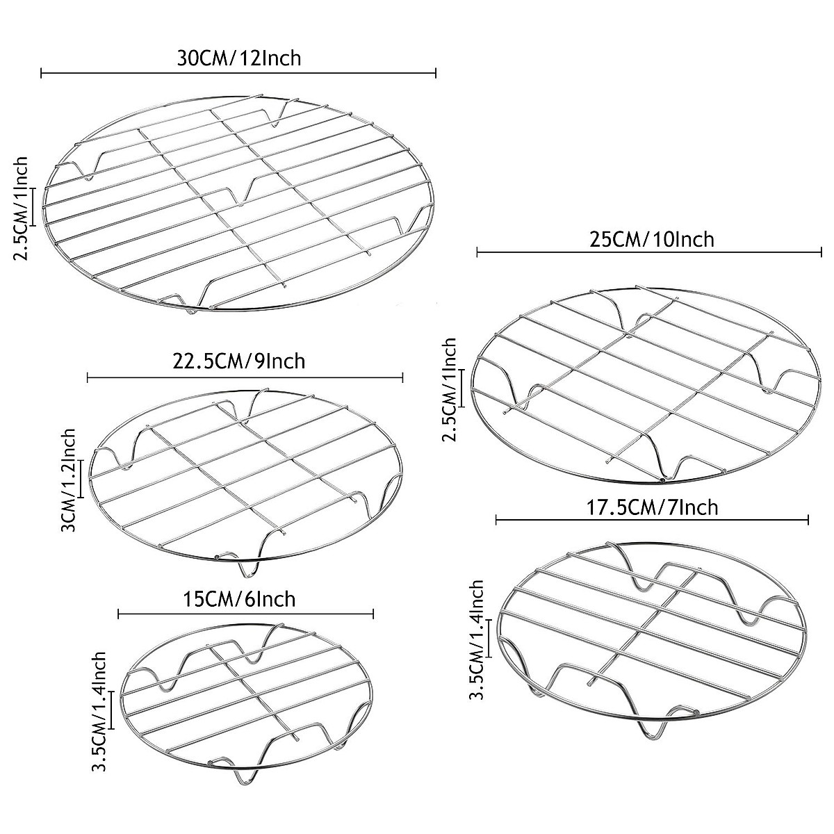 5 Pieces Round Cooling Rack Circular Wire Rack 12/10 / 9/7 / 6 Stainless Steel Round Baking and Cooling Steaming Cake Rack