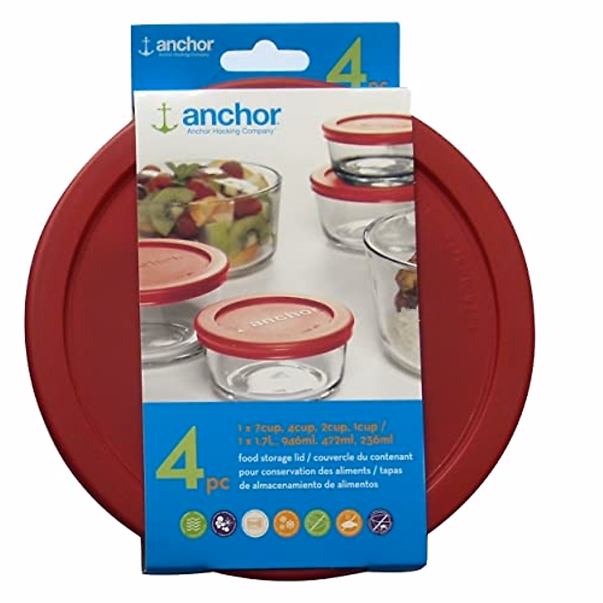 Anchor Hocking Replacement Lids 1x7cup,1x4cup,1x2cup,1x1cup, red Round lid
