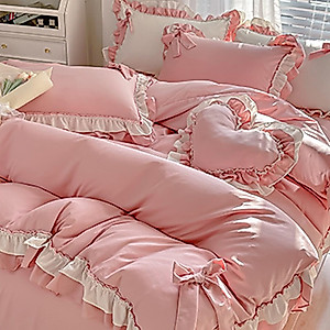 GRIPITHPY Girls Romantic Duvet Cover Set with Lovely Bow, Princess Style Chic Lace Ruffled Bow Bedding Set, Soft Breathable Comforter Cover Set with Zipper Closure(Queen, Pink)