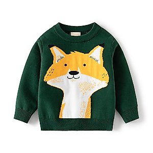 HUAER& Baby Boys Girls Knit Sweater Round Neck Long Sleeve Unisex Cotton Cartoon Animal Pullover Sweatshirt(18-24Months Green Fox)