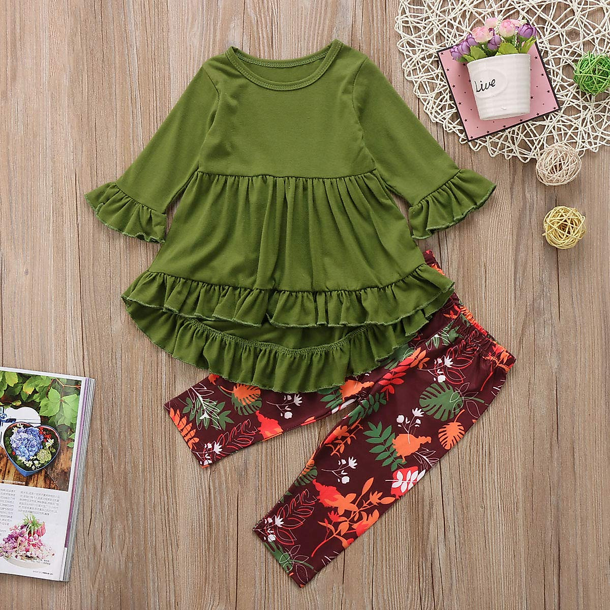 Toddler Little Girls Ruffle Flare Tunic Dress Top Striped Leggings Pants 2PC Fall Winter Outfit Set Clothes (6-7T, Green)