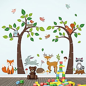 decalmile Woodland Animals Trees Wall Decals Deer Fox Owl Wall Stickers Kids Bedroom Baby Nursery Wall Decor