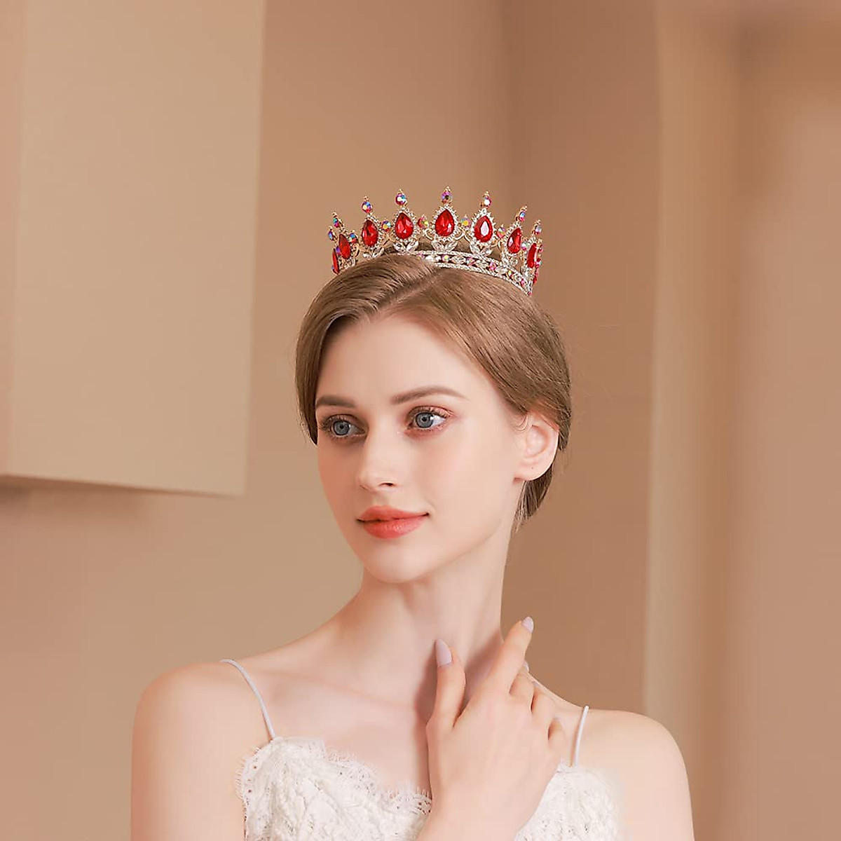 Kamirola Vintage Royal Queen Teardrop Rhinestone Diadem Tiaras Crown Pageant Prom Diadem Bride Wedding Hair Jewelry Accessories (AB stone-gold)