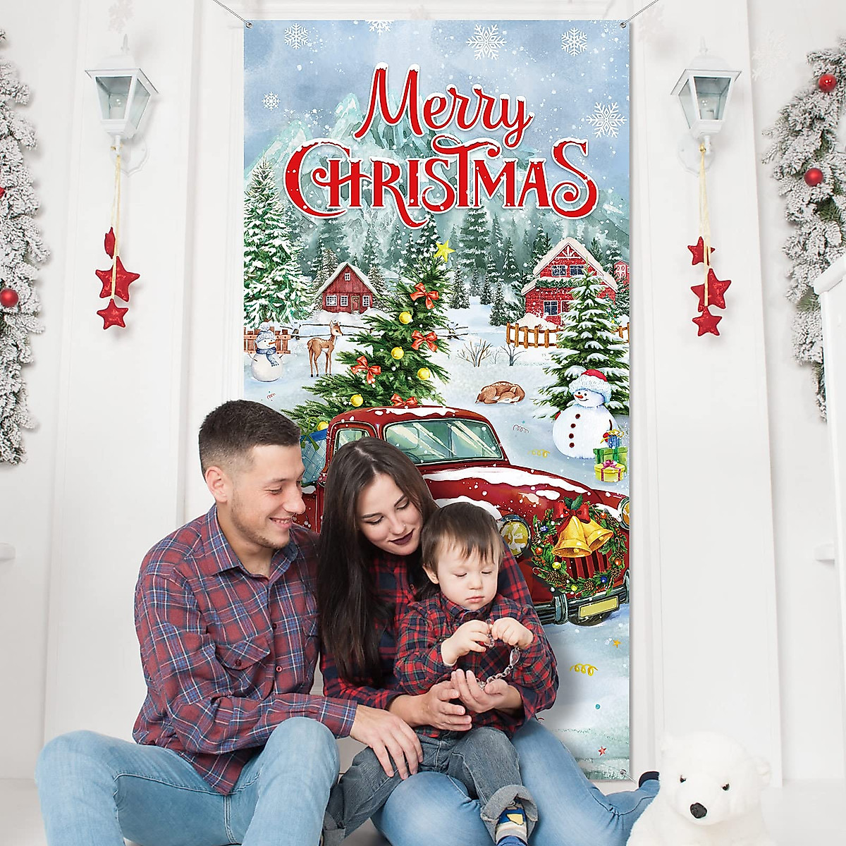 Christmas Door Covers Red Truck Xmas Cover for Door Christmas Truck Front Door Cover for Merry Christmas New Year Photography Background Party Decoration, 70.9 x 35.4 Inches