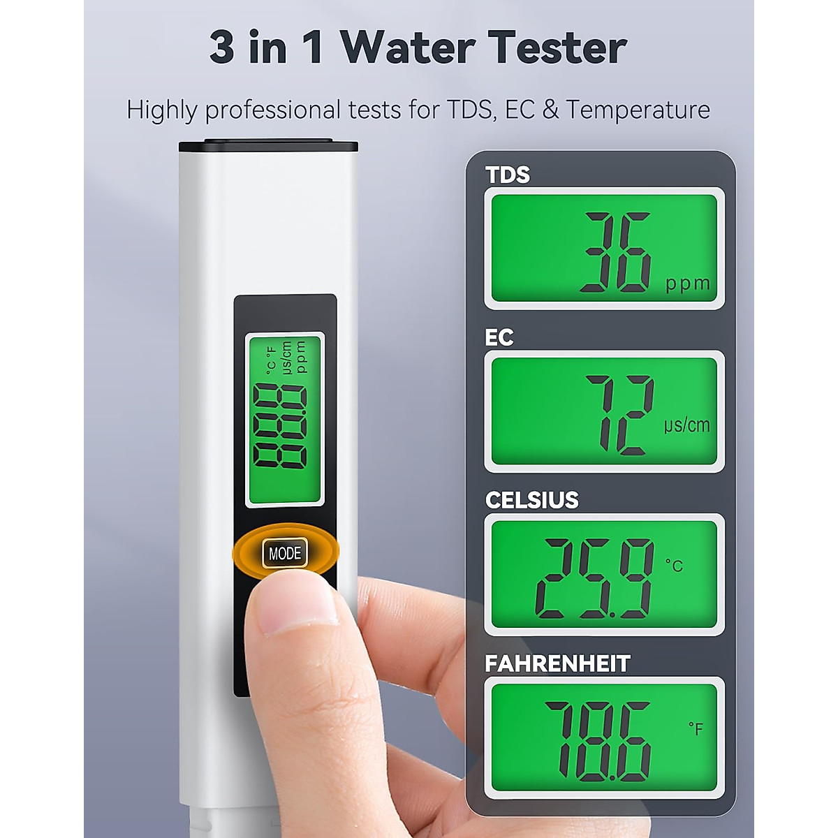 Pawfly 4 in 1 TDS Meter Digital Water Tester, TDS EC and Temperature (℃/℉) Meter, Fast Accurate Digital Water Tester, 0-9999 ppm Water Quality Tester for Drinking Water Tap Water Well Aquarium & Pool