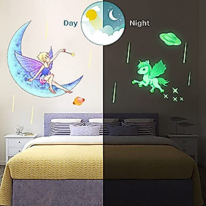 MESU Glow in The Dark Stickers Unicorn Wall Decals Moon Fairy Luminous Ceiling Decor for Girls Kids Room Nursery Unicorn