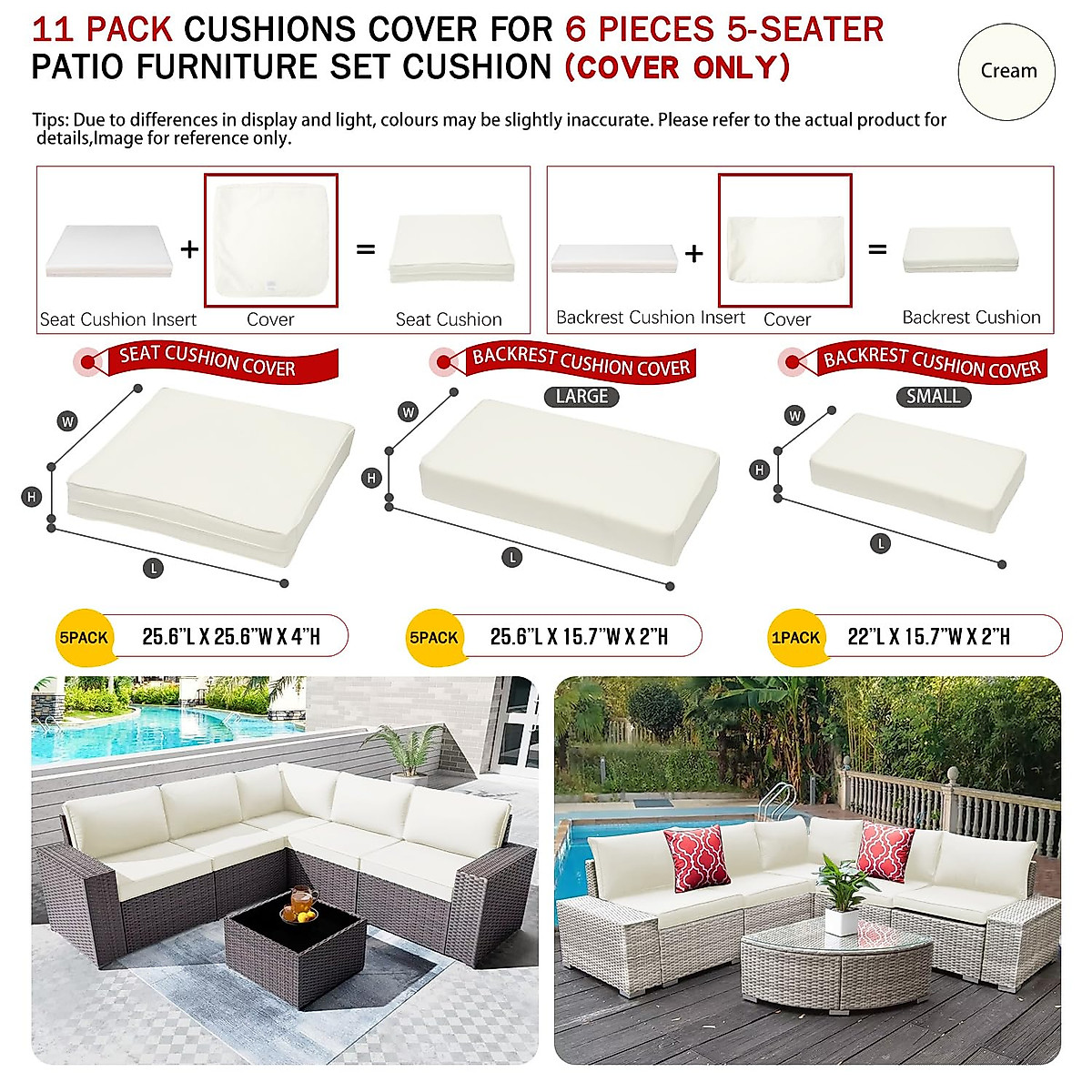ClawsCover 11Pack Outdoor Seat Cushions Back Pillows Replacement Covers Fit for 5-Seater 6 Pieces Wicker Rattan Patio Furniture Set Sectional Couch Chairs,Cream-Included Cover Only