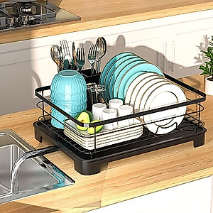 Dish Drying Rack - Dish Rack for Kitchen Counter with With Dish Drying Mat a Cutlery Holder,Dish Drying Rack,Durable Kitchen Dish Rack for Tableware,Dish Drying Rack with Easy Installation,Black