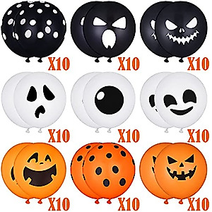 90 Pieces Halloween Balloons 12 Inches Halloween Pink Orange Black White Latex Balloons Skull, Bats, Boo Ghost Latex Balloons for Halloween Party Decoration Supplies (Classic Style)